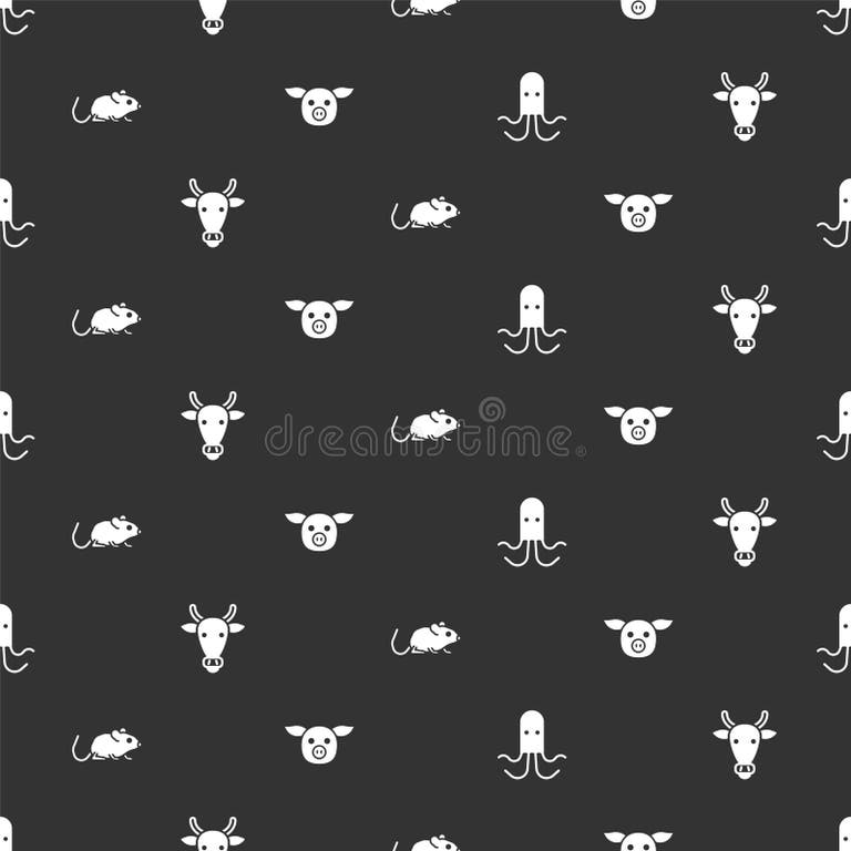 Set Octopus, Cow Head, Rat and Pig on Seamless Pattern. Vector Stock ...