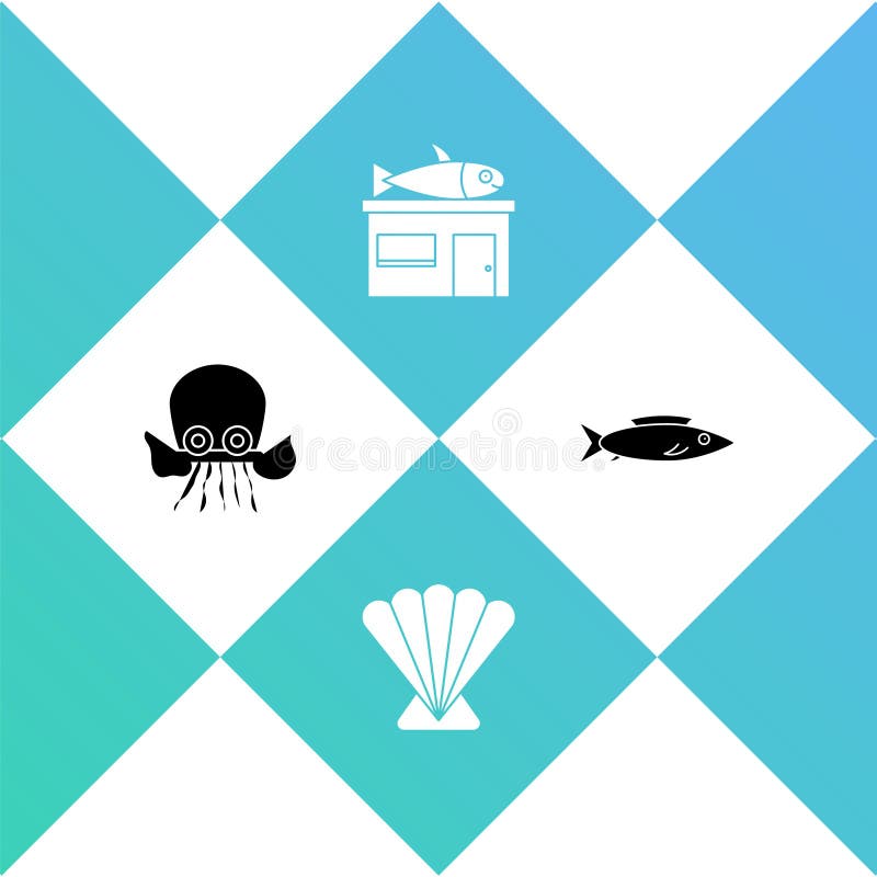 Set Octopus, Scallop Sea Shell, Seafood Store and Fish Icon. Vector ...