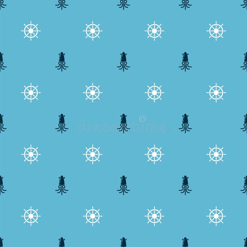Set Octopus and Ship Steering Wheel on Seamless Pattern. Vector Stock ...