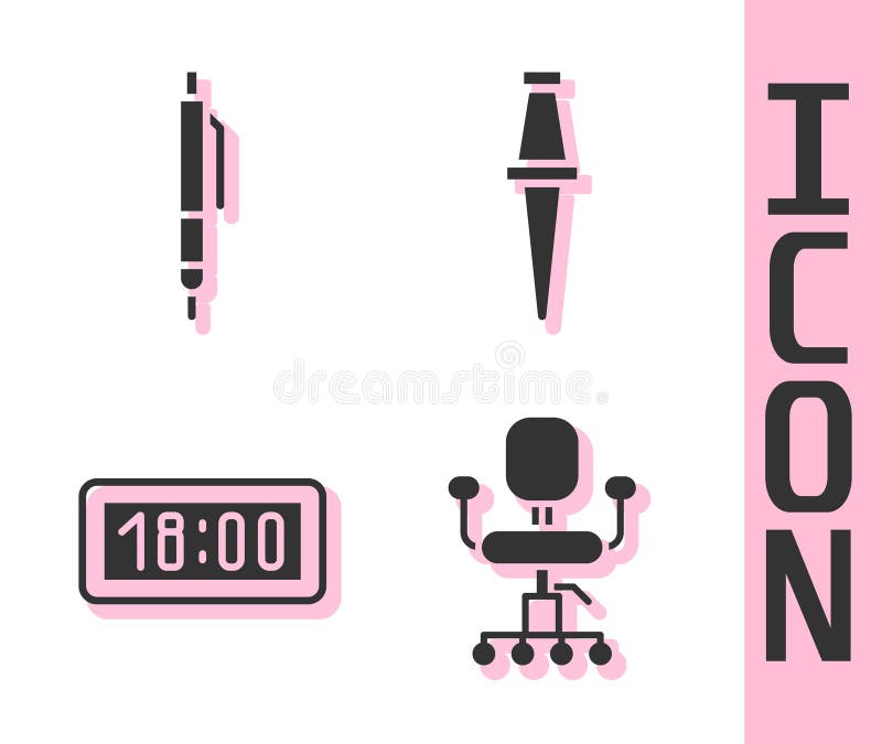 Set Office Chair, Pen, Digital Alarm Clock and Push Pin Icon. Vector ...