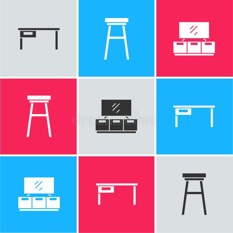 Set Office Desk, Chair and TV Table Stand Icon. Vector Stock Vector ...