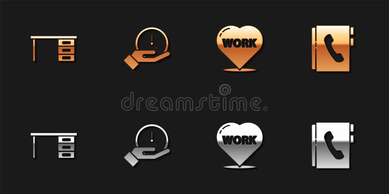 Set Office Desk, Clock, Heart with Text Work and Address Book Icon ...