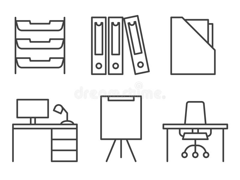 Set of Office Equipment Icons: Documents Storage, Desk, Computer ...