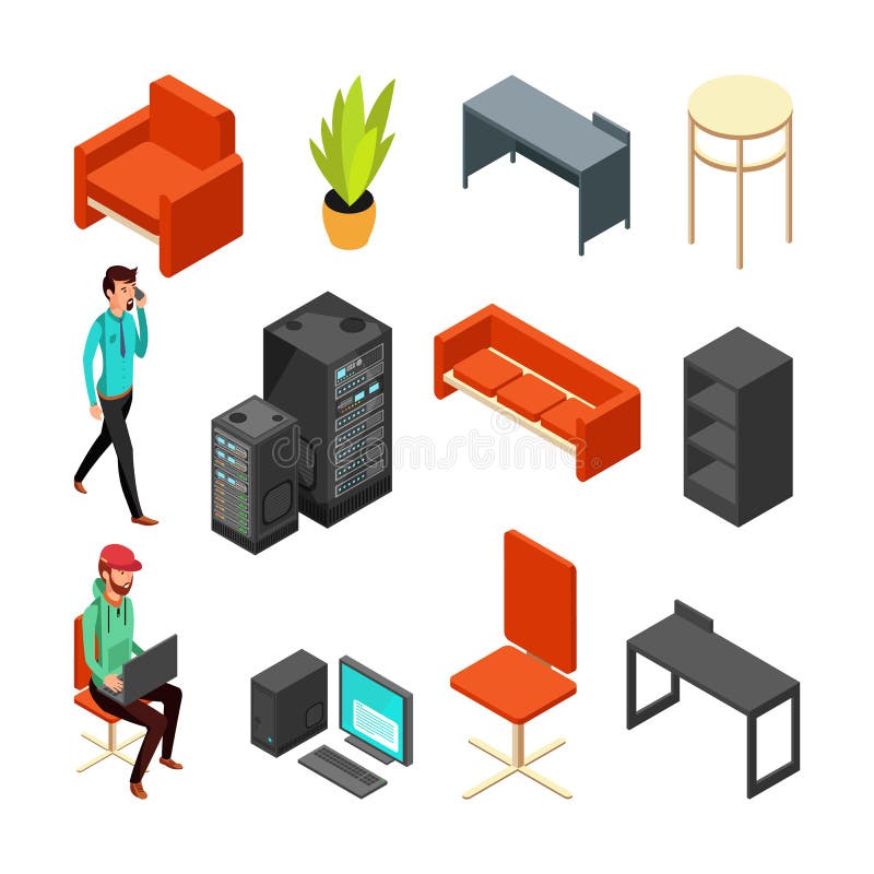 Set of Office Isometric Icons. Computers, Server, Plant and Technical ...