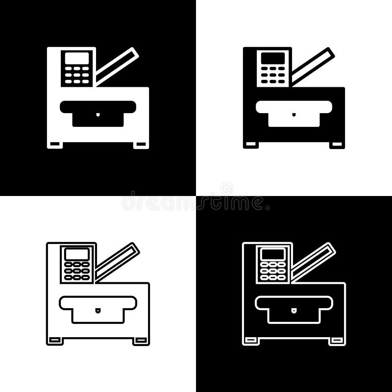 Set Office Multifunction Printer Copy Machine Icon Isolated on Black ...