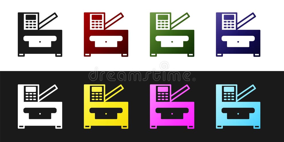 Set Office Multifunction Printer Copy Machine Icon Isolated on Black ...