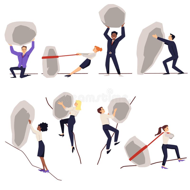 Set of Office People Push and Pull Huge Stone Flat Style, Vector ...