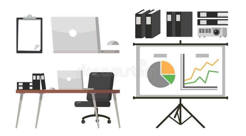 Set of Office Presentation Room. Office Desktop and Document File ...