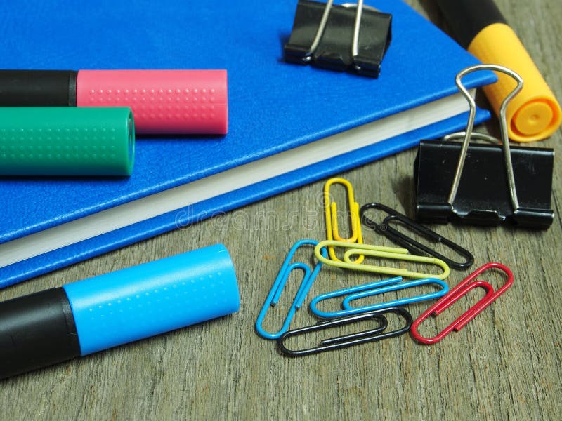 Set of Office Stationery on Wooden Board Stock Image - Image of note ...