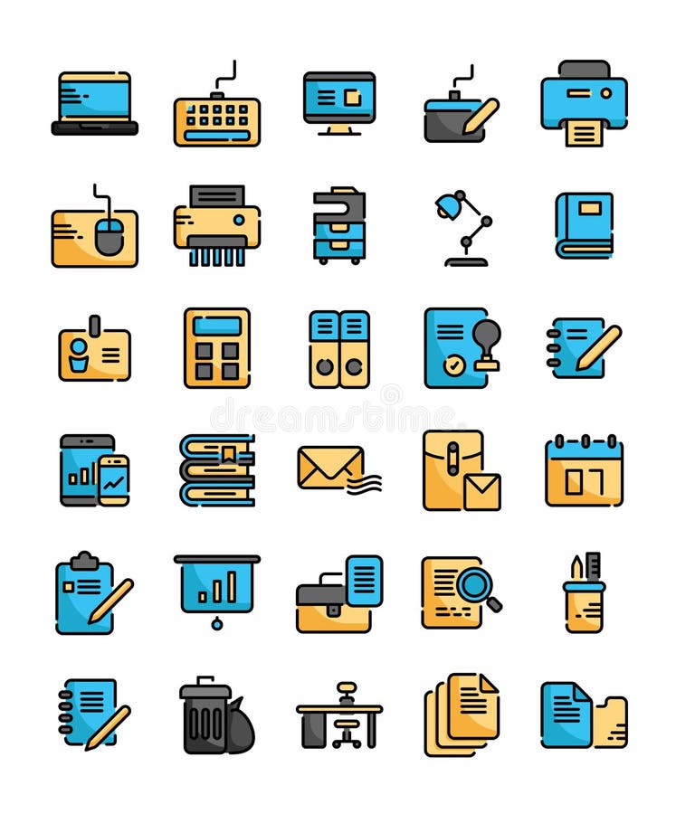 Set of Office Supplies Tools Working Filled Outline Icons Stock Vector ...
