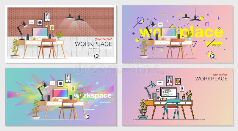 Office Workplace Interior Design Stock Vector - Illustration of work ...