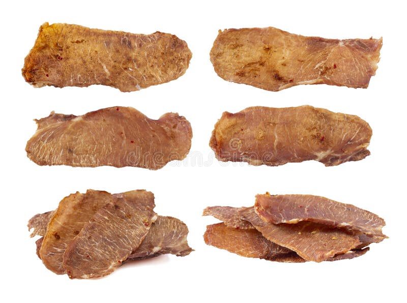Set Og Jerky Isolate. Pieces of Cured Pork Isolated on White Background ...