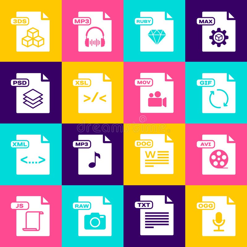 Set OGG File Document, AVI, GIF, RUBY, XSL, PSD, 3DS and MOV Icon ...