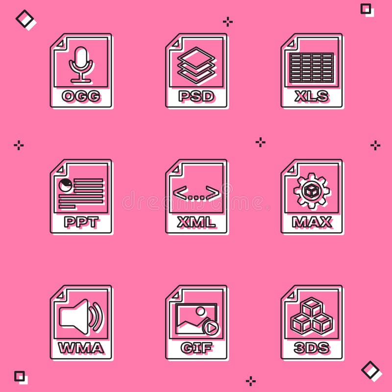 Set OGG File Document, PSD, XLS, PPT, XML and MAX Icon. Vector Stock ... Set OGG File Document, PSD, XLS, PPT, XML and MAX Icon. Vector Stock ...