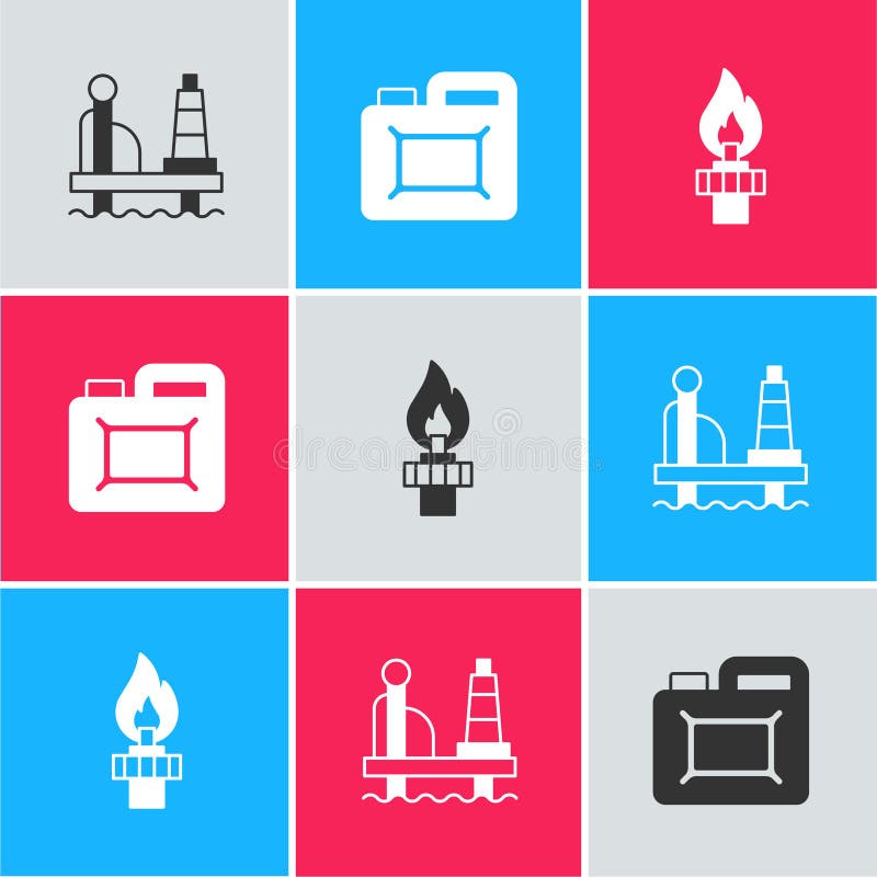 Set Oil Platform in the Sea, Canister Motor Oil and Rig with Fire Icon ...