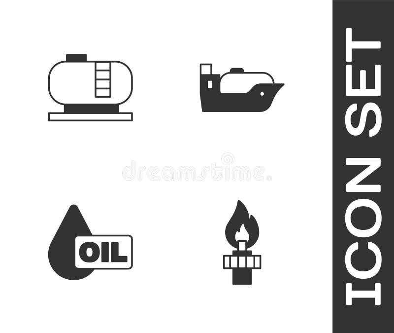 Set Oil Rig with Fire, Tank Storage, Drop and Tanker Ship Icon. Vector ...