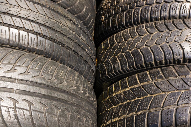 Set of Old and Aged Black Car Tyres with Patterns Stock Image - Image ...