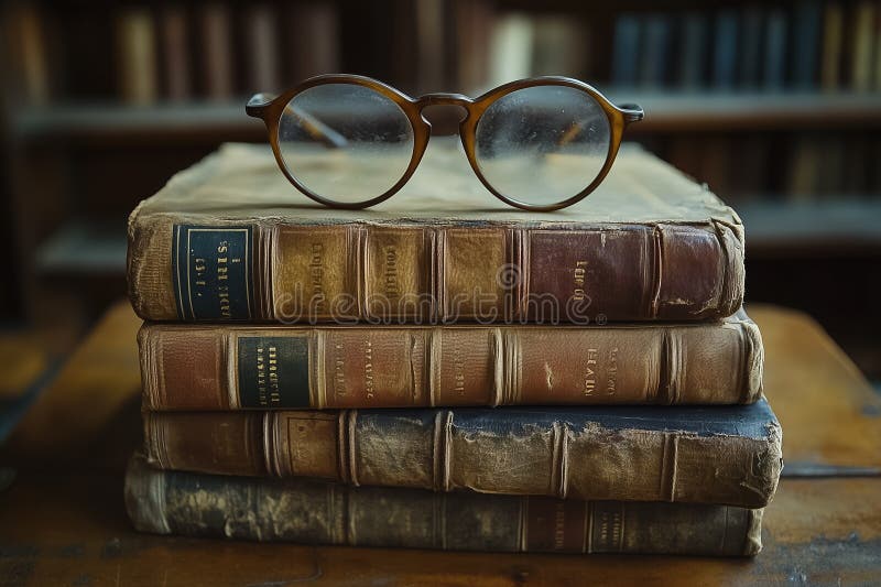 A Set of Old Books Stacked Neatly, Topped with a Pair of Round Glasses ...