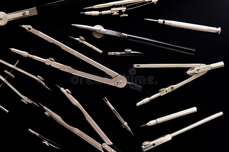 Set of Old Different Compasses. Retro Metal Compasses and Drafting ...