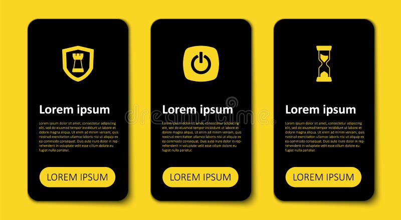 Set Old Hourglass, Power Button and Chess Shield. Business Infographic ...