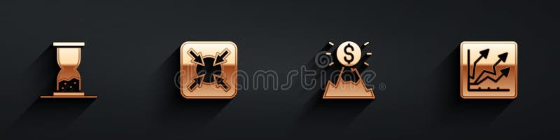 Set Old Hourglass with Sand, Target, Mountains Flag and Financial Growth Increase Icon with Long ...