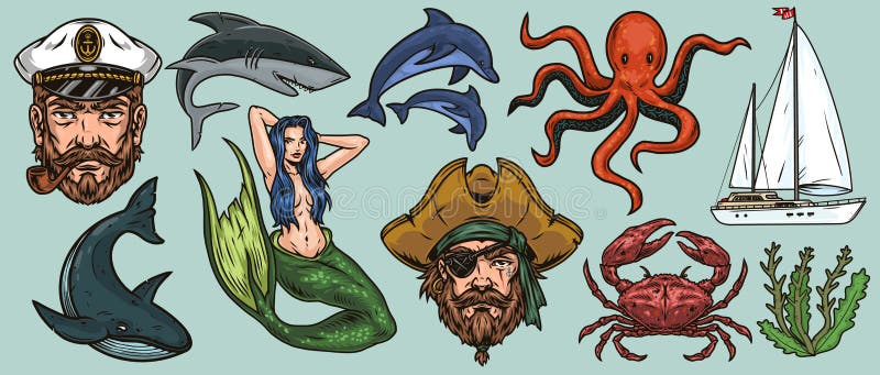 A Set of Old Illustrations on the Marine Theme Isolated. Animals and ...