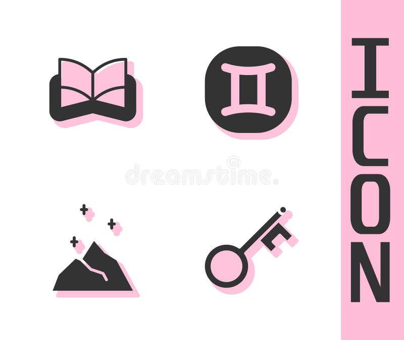 Set Old Key, Ancient Magic Book, Magic Powder and Gemini Zodiac Icon ...