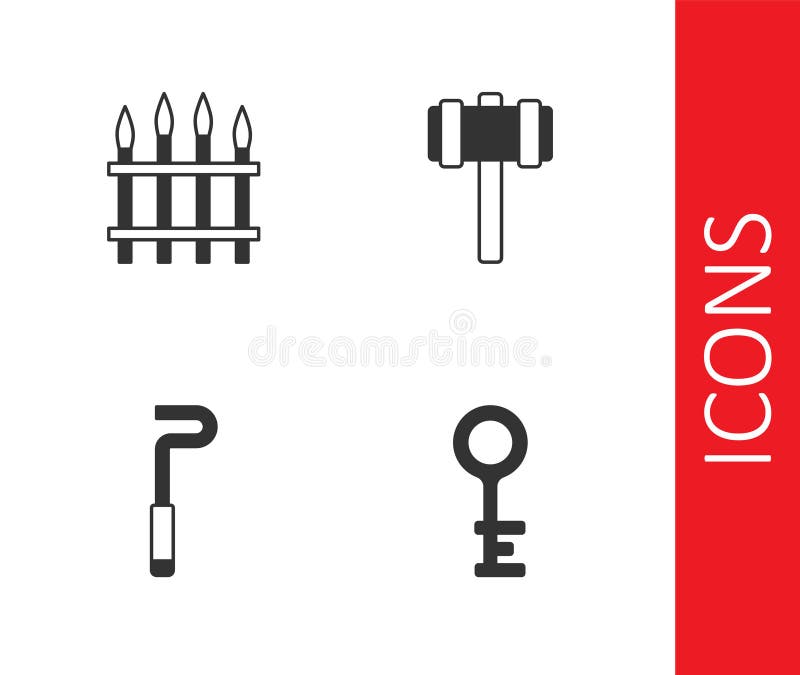Set Old Key, Classic Iron Fence, Fire Poker and Sledgehammer Icon ...