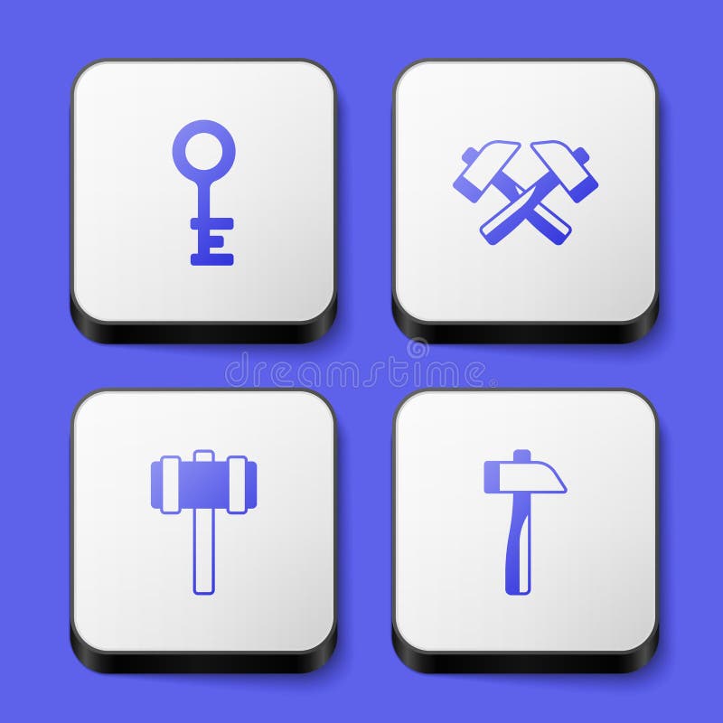 Set Old Key, Crossed Hammer, Sledgehammer and Hammer Icon. White Square ...