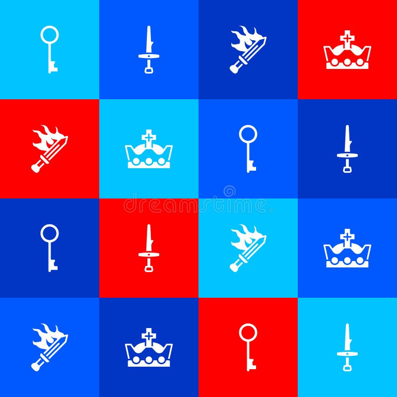 Set Old Key, Dagger, Sword for Game and King Crown Icon. Vector Stock ...