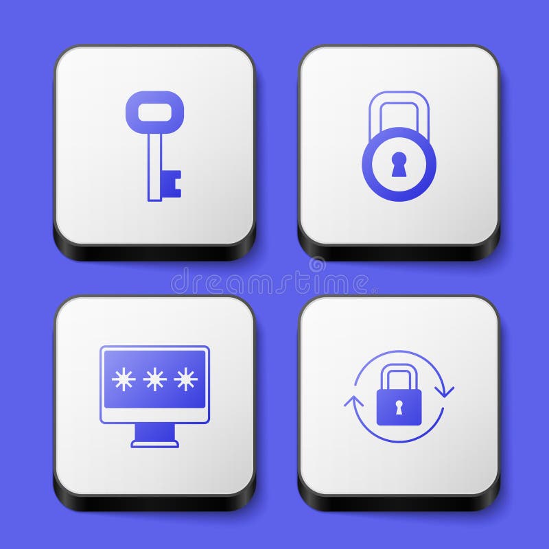 Set Old Key, Lock, Monitor with Password and Icon. White Square Button ...