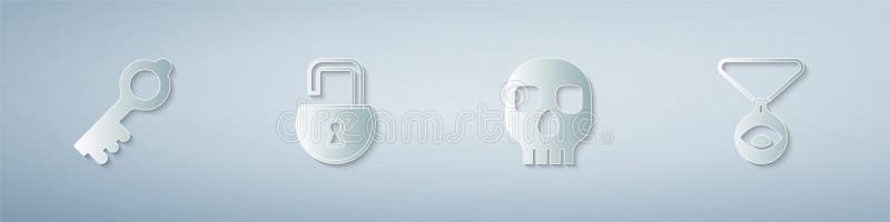 Set Old Magic Key, Open Padlock, Skull and Medallion on Chain with Eye ...