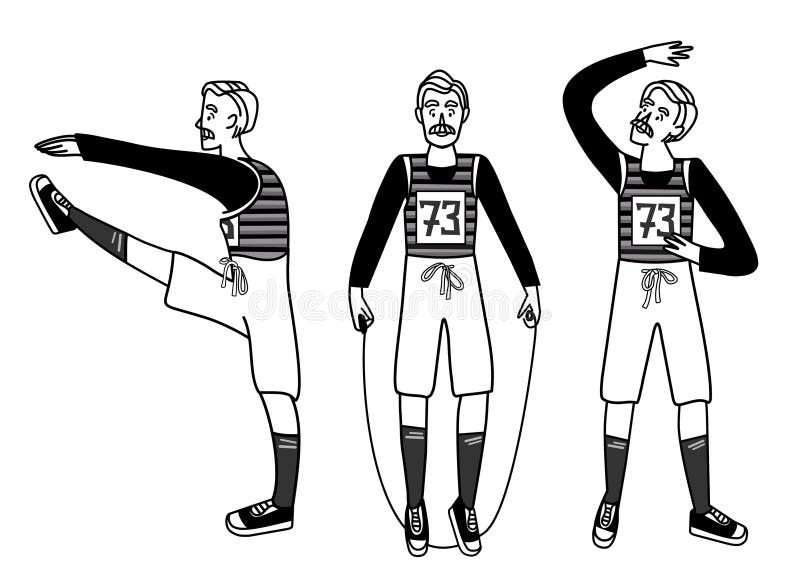 A Set Of Old Men S Sport Activities Senior Exercising Stretching And
