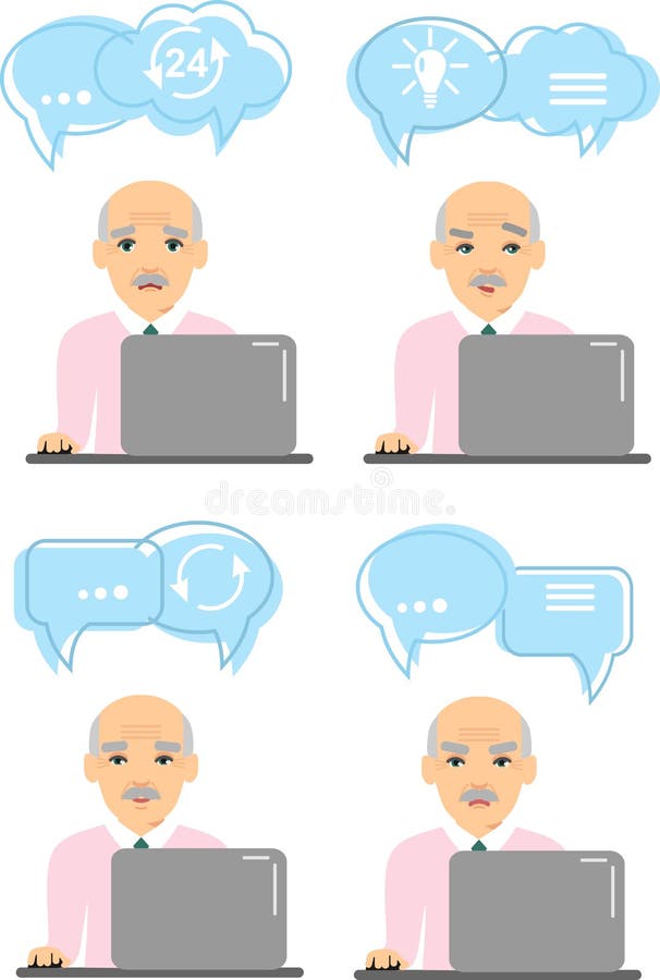 Set of Old Men with Various Emotion Expression Work at a Computer. Age ...