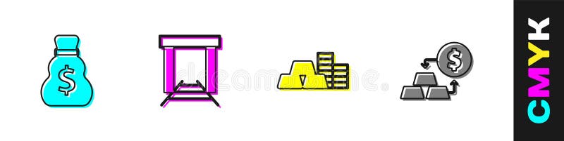 Set Old Money Bag, Gold Mine, Coin with Gold Bars and Exchange Icon ...