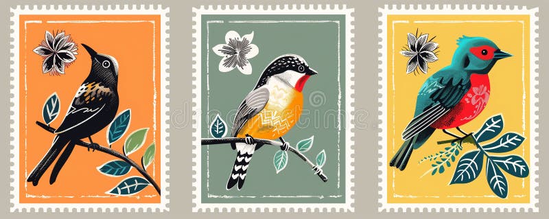 Set of Old Postage Stamps with Birds, Vintage Collection Stamps ...