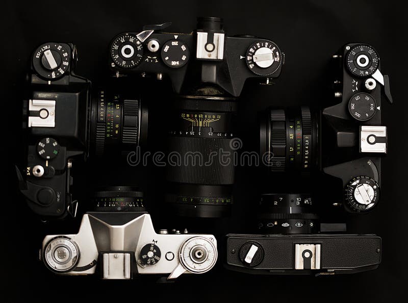 Set of 5 old retro cameras stock photo. Image of optical - 62030086