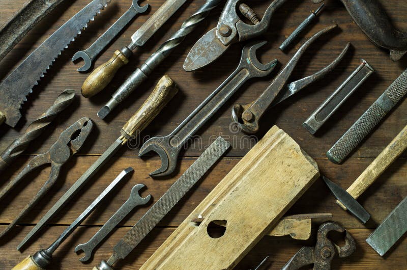 Set of Old Rusty Tools on Rustic Background Stock Image - Image of ...