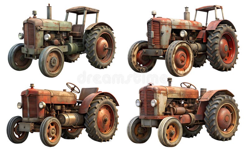A Set of Old and Rusty Tractors on a White Background Stock Image ...