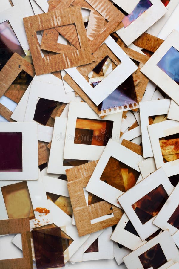 Set of Old Slides, Photos and Film on Table Stock Photo - Image of ...