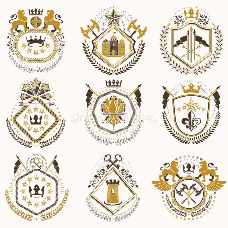 Set of Old Style Heraldry Vector Emblems, Vintage Illustrations Stock ...
