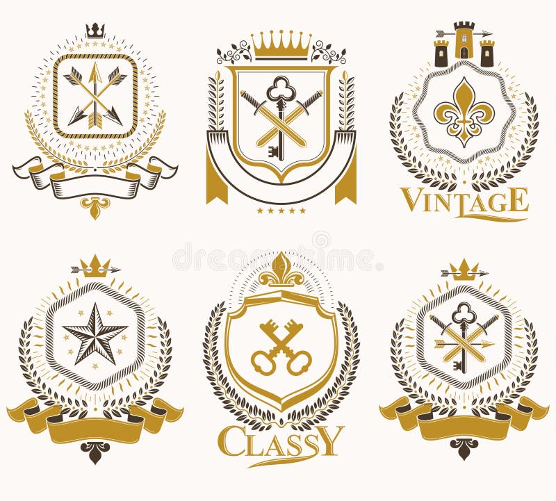 Set of Old Style Heraldry Vector Emblems, Vintage Illustrations Stock ...
