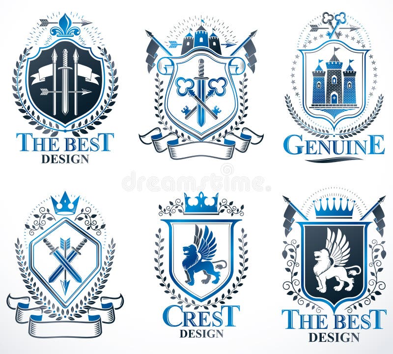 Set of Old Style Heraldry Vector Emblems, Vintage Illustrations Stock ...