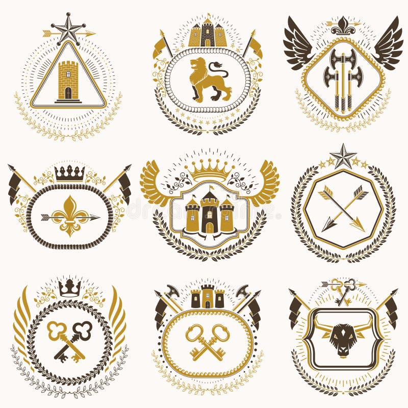 Set of Old Style Heraldry Vector Emblems, Vintage Illustrations Stock ...
