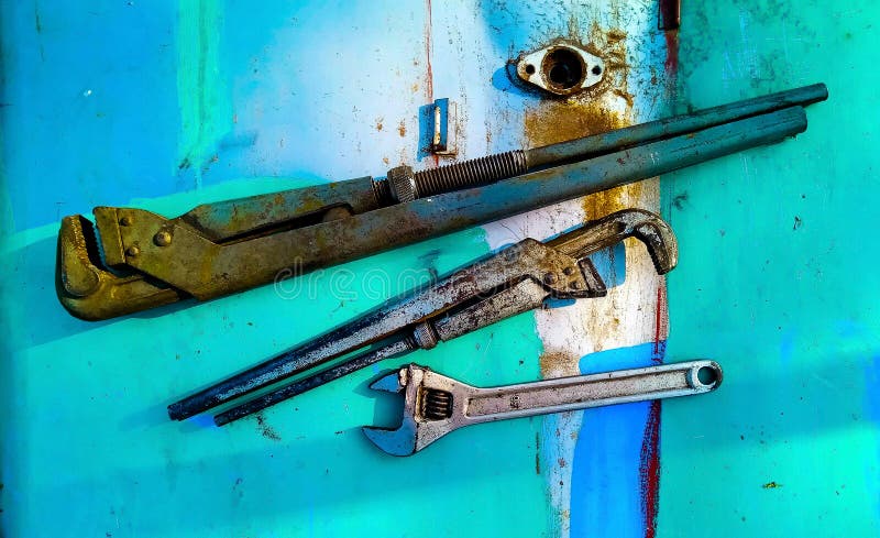 Set of Old Tools Set of Old Keys Pipe Wrenches Adjustable Spanners ...