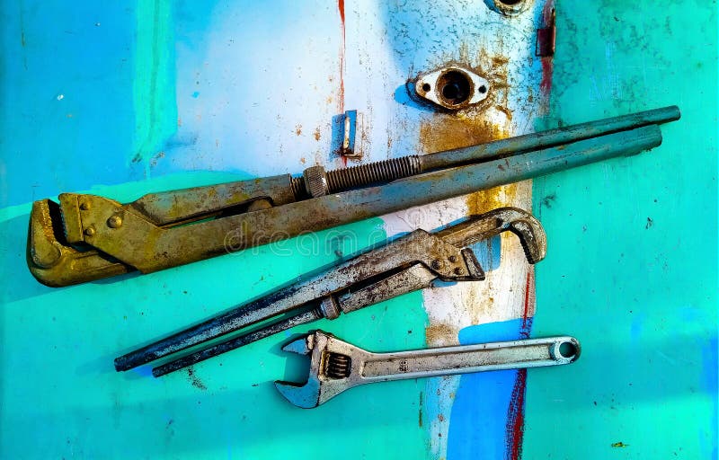 Set of Old Tools Set of Old Keys Pipe Wrenches Adjustable Spanners ...