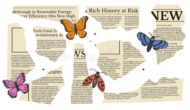 Set of Old Torn Piece Newspaper Page with Butterfly. Torn Paper of ...