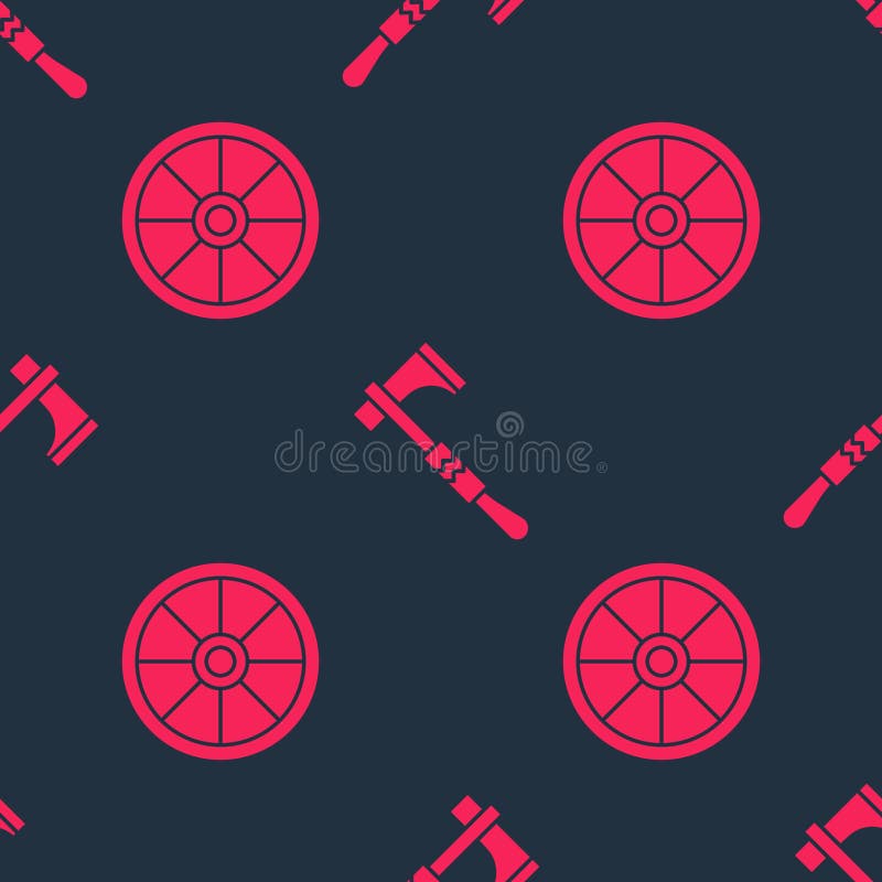 Set Old Wooden Wheel and Tomahawk Axe on Seamless Pattern. Vector Stock ...