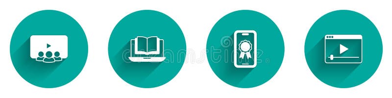 Set Online Class, Education with Diploma and Play Video Icon with Long ...