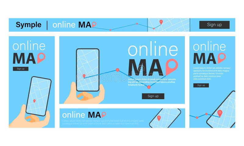 Set of Online Map Banners in Blue Design Stock Vector - Illustration of ...